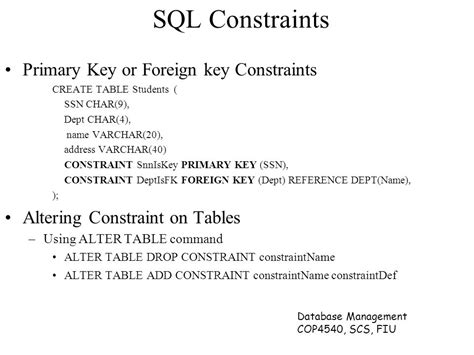 Database Management COP4540, SCS, FIU Constraints and security in SQL (Ch. 8.6, Ch22.2) - ppt ...
