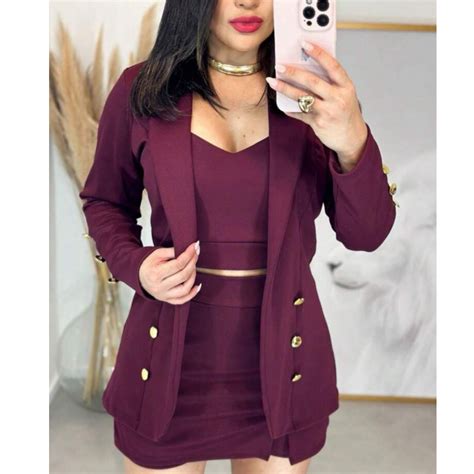 Conjunto Social Feminino 3 Peças Blazer cropped short saia