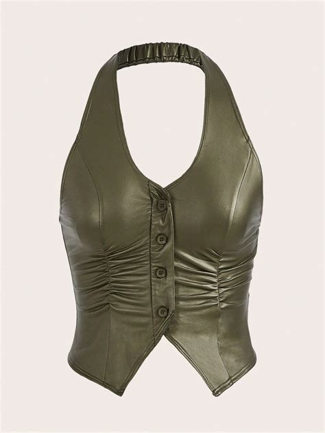 Button Front Ruched Pu Leather Halter Top Moda In Pelle Top In Pelle Abbigliamento Formale