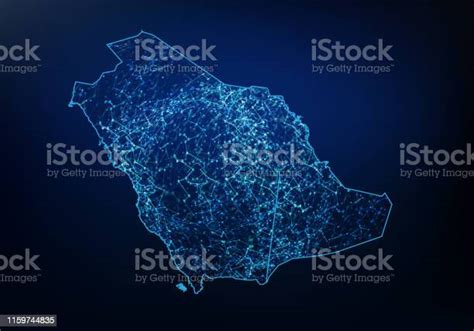 사우디 아라비아지도 네트워크 인터넷 및 글로벌 연결 개념 와이어 프레임 3d 메쉬 다각형 네트워크 라인 디자인 구체 점 및 구조의 추상 벡터 일러스트레이션 Eps 10