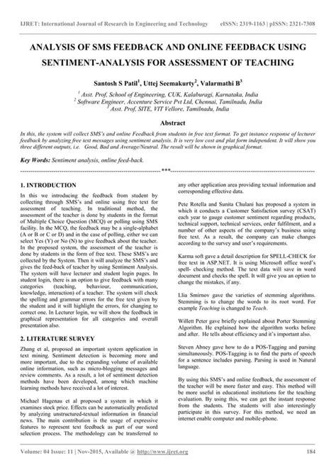 Analysis Of Sms Feedback And Online Feedback Using Sentiment Analysis For Assessment Of Teaching