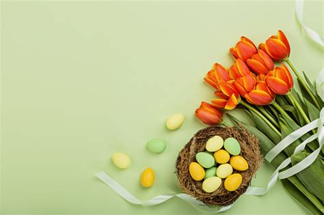 녹색 배경에 고립 된 다채로운 부활절 달걀 파스텔 색상세련된 배경 플랫 레이 상단 보기 모형 오버헤드 템플릿 4월에 대한 스톡