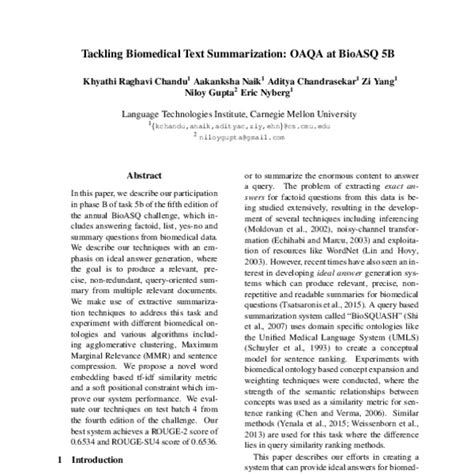 Tackling Biomedical Text Summarization OAQA At BioASQ B ACL Anthology