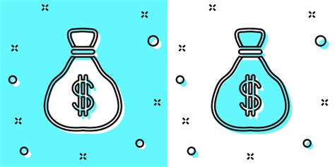녹색과 흰색 배경에 격리 된 블랙 라인 머니 백 아이콘 달러 또는 Usd 기호 현금 은행 통화 기호 임의동적 모양 벡터 가능성에