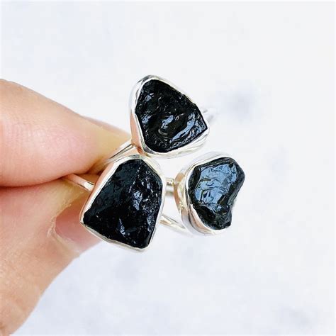 Raw Black Tourmaline Gemstone Ring In 925 Sterling Silver Crystal Of