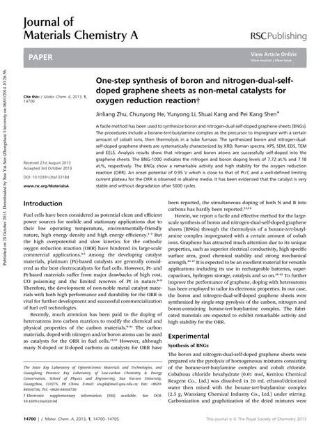 Pdf One Step Synthesis Of Boron And Nitrogen Dual Self Doped Graphene Sheets As Non Metal