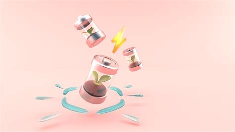 내부 배터리에는 녹색 에너지가 있으며 전기를 배출합니다 핑크 배경에 떠에코와 지속 가능한 디자인을위한 소프트 팝 일러스트 스타일3d 렌더링 3차원 형태에 대한 스톡 사진 및
