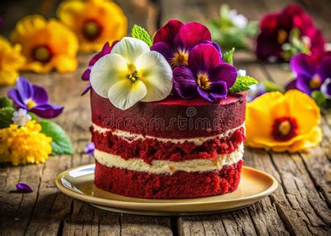 A Slice Of Nostalgia Vintage Red Velvet Cake Adorned With Pansies A
