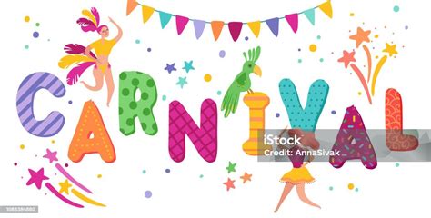 브라질 카니발 축제 배너 문자 여자 전통 의상에서 춤을 브라질 삼 바 댄서 리오 데 자네이 벡터 일러스트 레이 션 공휴일에 대한 스톡 벡터 아트 및 기타 이미지 Istock
