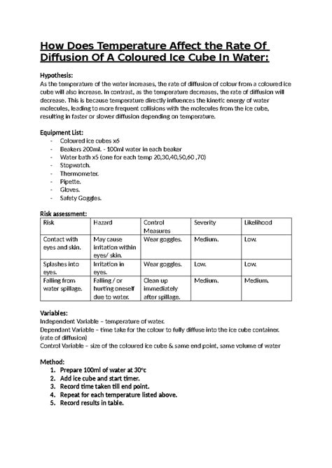 Diffusion Experiment How Does Temperature Affect The Rate Of