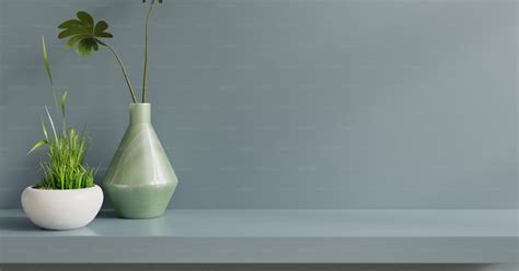 꽃병과 녹색 식물 파란색 벽과 선반3d 렌더링이 있는 벽 모형 사진 Unsplash의 고정된 이미지