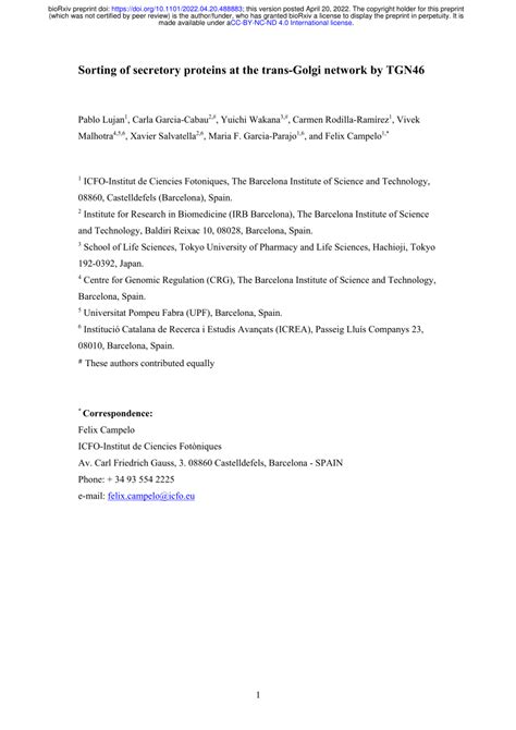 Pdf Sorting Of Secretory Proteins At The Trans Golgi Network By Tgn46