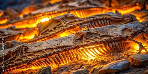 Illuminated Dinosaur Skeletal Fossils Arranged In Textured Rocky