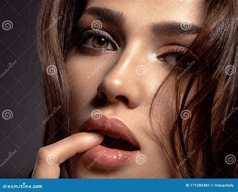 Beautiful Woman With Brown Hair Attractive Model With Brown Eyes Stock