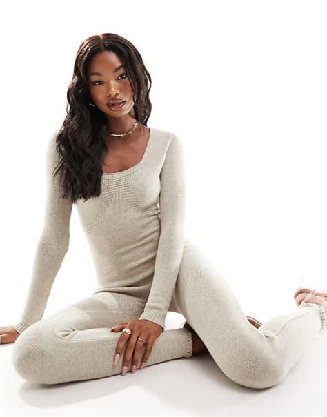 Missyempire Knitted Long Sleeve Unitard Jumpsuit In Stone Asos