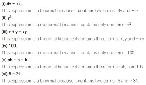 Classify Into Monomials Binomials And Trinomials Cbse Class 7 Maths Learn Cbse Forum