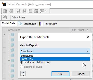 Export Model Tab Of Bill Of Material Of An Inventor Assembly