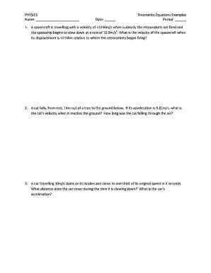 Fillable Online PHYSICS Kinematics Equations Examples Name Date Period