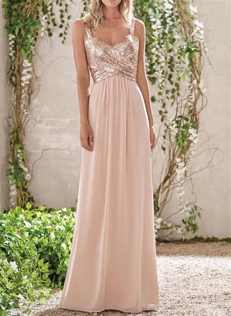 A Line Princess V Neck Sequined Floor Length Bridesmaid Dresses Chiffon