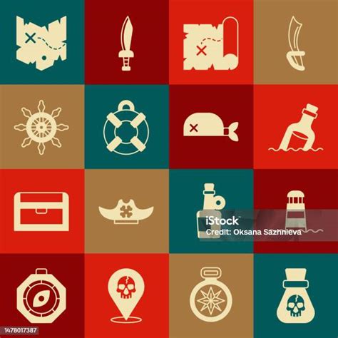 해적 동전 등대 메시지 물병 보물지도 구명 부표 선박 스티어링 휠 및 머리 아이콘을위한 두건을 설정하십시오 벡터 가방에 대한 스톡 벡터 아트 및 기타 이미지 Istock