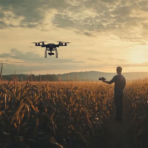 Man Controlling A Drone Flying Over A Field Of Corn At Sunset Premium Ai Generated Image