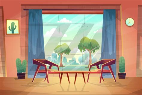 دانلود وکتور صحنه زیبا خانه اتاق نشیمن و پنجره با منظره فضای سبز