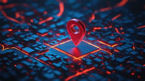Futuristic Digital Map With Red Location Pin In Glowing Neon Cityscape