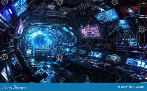 Spaceship Cabin Interior Cockpit With Computer Screens And Dashboard