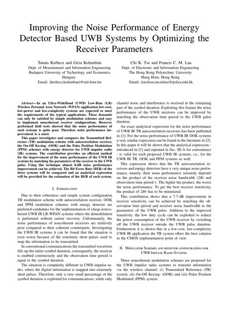 Pdf Improving The Noise Performance Of Energy Detector Based Uwb Systems By Optimizing The