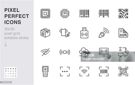 Rfid Qr 코드 바코드 라인 아이콘 세트 가격 태그 스캐너 라벨 리더 식별 마이크로 칩 벡터 그림 간단한 개요는 소매 안전 응용 프로그램에 서명합니다 30x30 픽셀