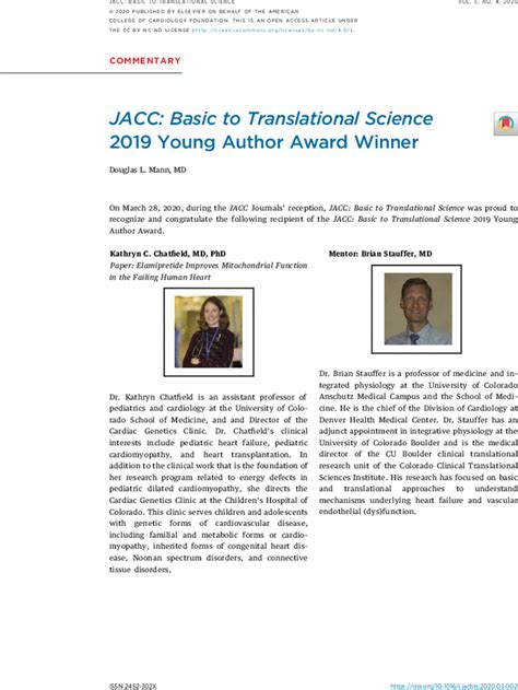 Jacc Basic To Translational Science 2019 Young Author Award Winner