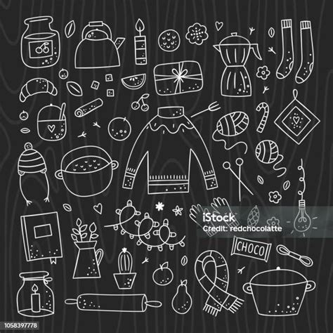 아늑한 겨울 시간 요소입니다 어두운 배경에 귀여운 Hygge 삽화입니다 스 칸디 나 비아 생활 기호 및 개체 낙서 드로잉에 대한