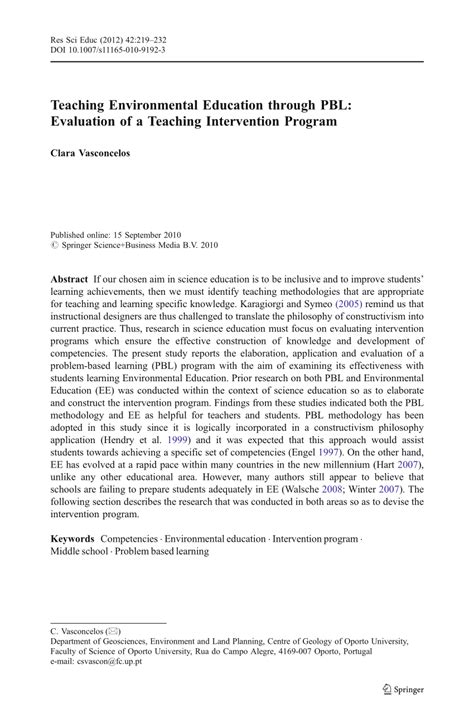 Pdf Teaching Environmental Education Through Pbl Evaluation Of A Teaching Intervention Program