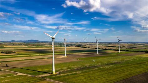 Wind Farm With Wind Turbines In Agricultural Landscape In Austria Stock