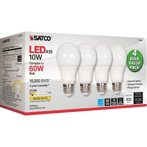 Satco 10W A19 LED 2700K Frosted Bulbs 10 W 60 W Incandescent