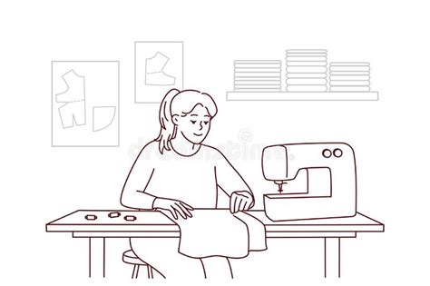 Female Seamstress Sewing On Machine Stock Vector Illustration Of