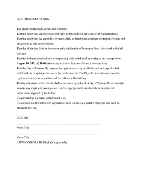 Fillable Online Bidders Declaration And Understanding Sample Clauses