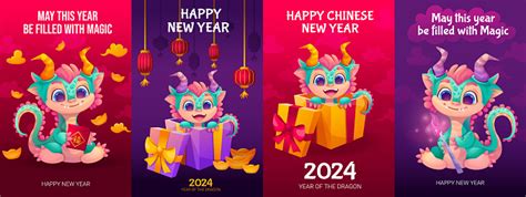 2024년 중국 설날 아기 공룡 황금 요소 구름 빨간 봉투 선물 상자를 위한 귀여운 드래곤이 있는 카드 세트 인쇄를 위한 다채로운 전단지 템플릿 어린이 벡터 일러스트레이션