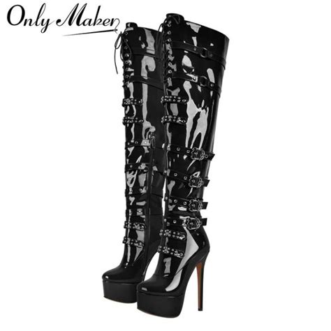 Onlymaker Women Platform Over The Knee Thin High Boots Black Patent