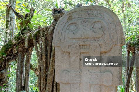 산 아구스틴 Huila Colombia 고고학 공원 인 San Agustin에 전시 된 콜럼버스 이전의 거석 조각품 화산석으로