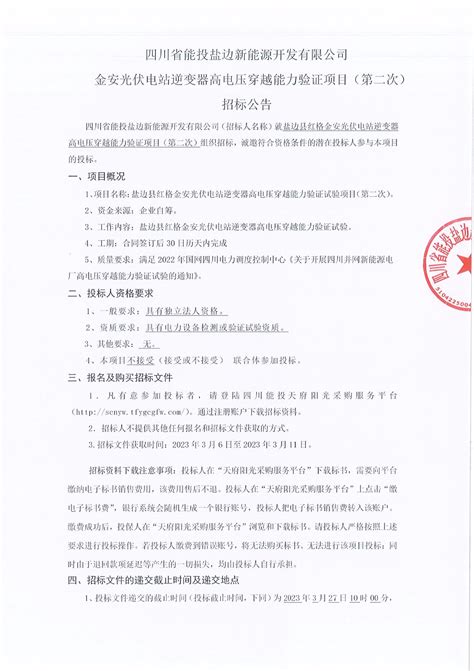 金安光伏电站逆变器高电压穿越能力验证试验项目（第二次）招标公告 公示公告 四川省能投风电开发有限公司