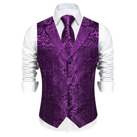 Dibangu Dark Purple Paisley Notched Collar Silk Mens Vest Tie Set