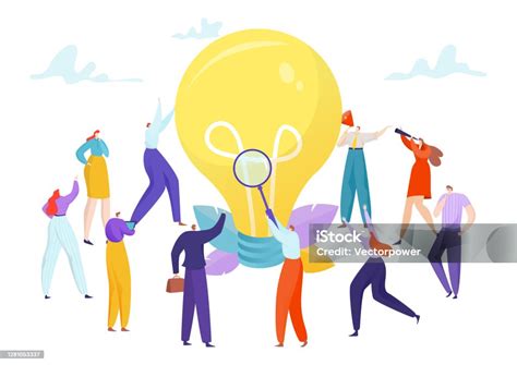 人團隊合作創意經營理念 向量圖解團隊圍繞平燈泡 工作組性格設計向量圖形及更多人圖片 人 創作性 合作 Istock
