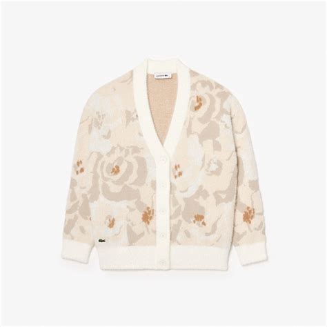 Lacoste Kadın Relaxed Fit V Yaka Desenli Beyaz Hırka AF2580 ID2 Lacoste