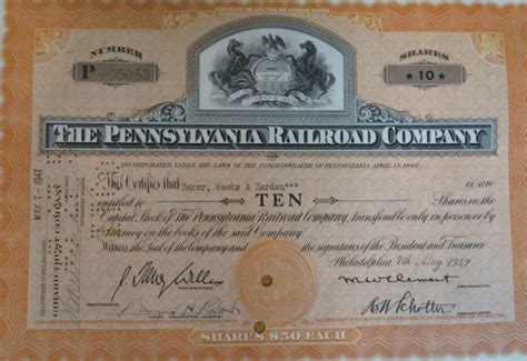 Pennsylvannia Railroad Stock Certificate Property Room