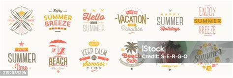 휴가와 여행 로고와 헝겊 세트 여름 방학 타입 디자인 벡터 일러스트 레이 션입니다 개체 그룹에 대한 스톡 벡터 아트 및 기타 이미지 개체 그룹 관광 꽃 식물 Istock