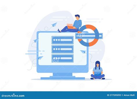 Tiny People Programmers With Laptops Save Data On Backup Server With Lifebuoy Backup Server
