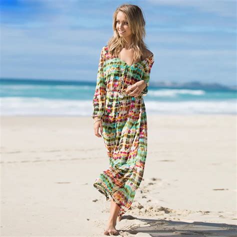 Honey Moda Women Beach Dress Tie Dye Chiffon Long Sleeve Maxi Dress