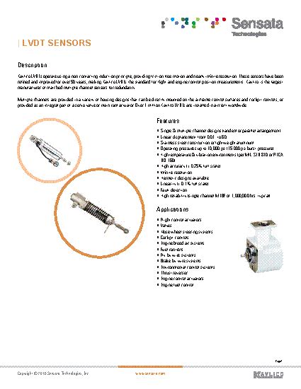Dcdc Lvdt Custom Sensors Datasheet DC DC LVDT Custom Sensors Sensata