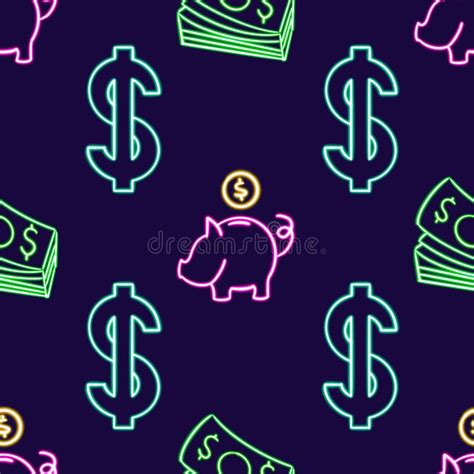 Neon Finance Seamless Pattern Glowing Dollar Bills And Piggy Bank